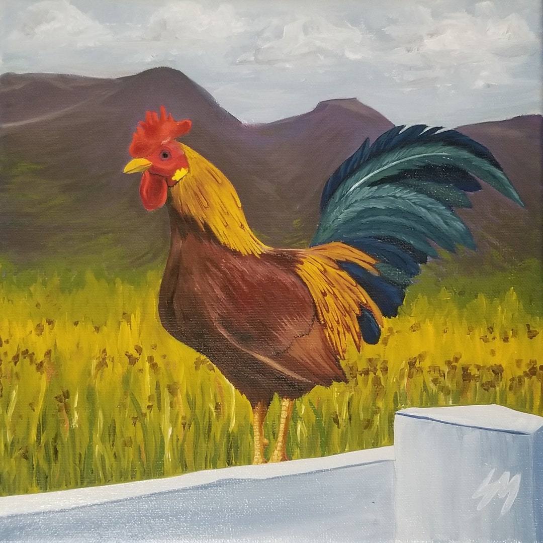 Cocky- 12x12 Oil Painting of a Rooster on a Fence in Front of Purple ...