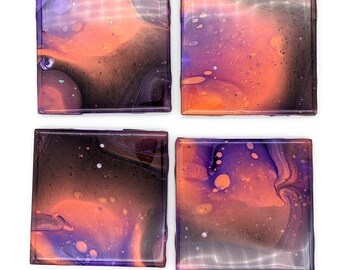Epoxy Resin Pour Paint Coasters. Purple, Red, Blue and Gold. - Etsy