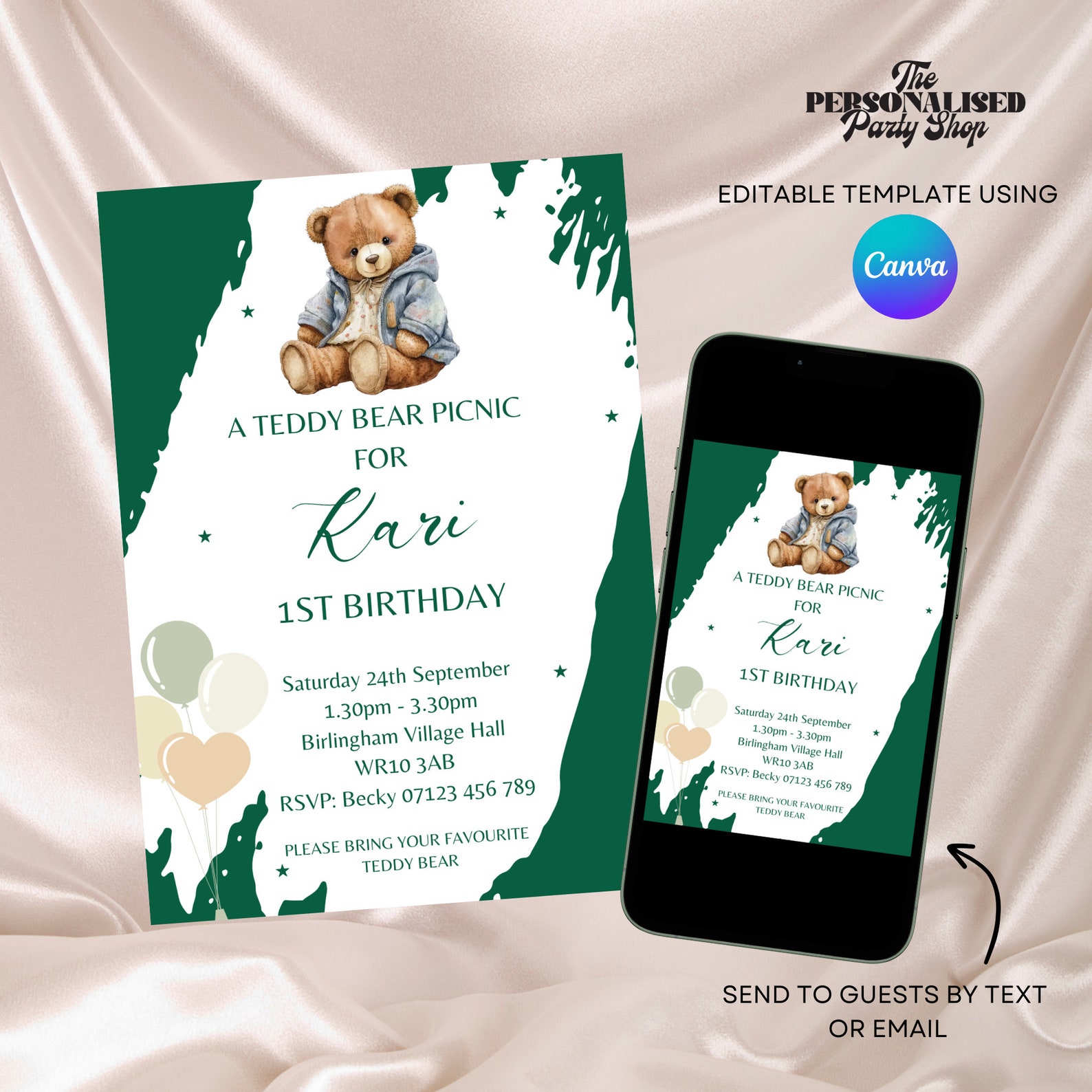 EDITABLE Dark Green Paint Splatter Teddy Bear Picnic Birthday ...