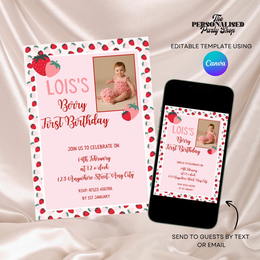 EDITABLE Berry First Birthday Photo Invitation Template Printable ...