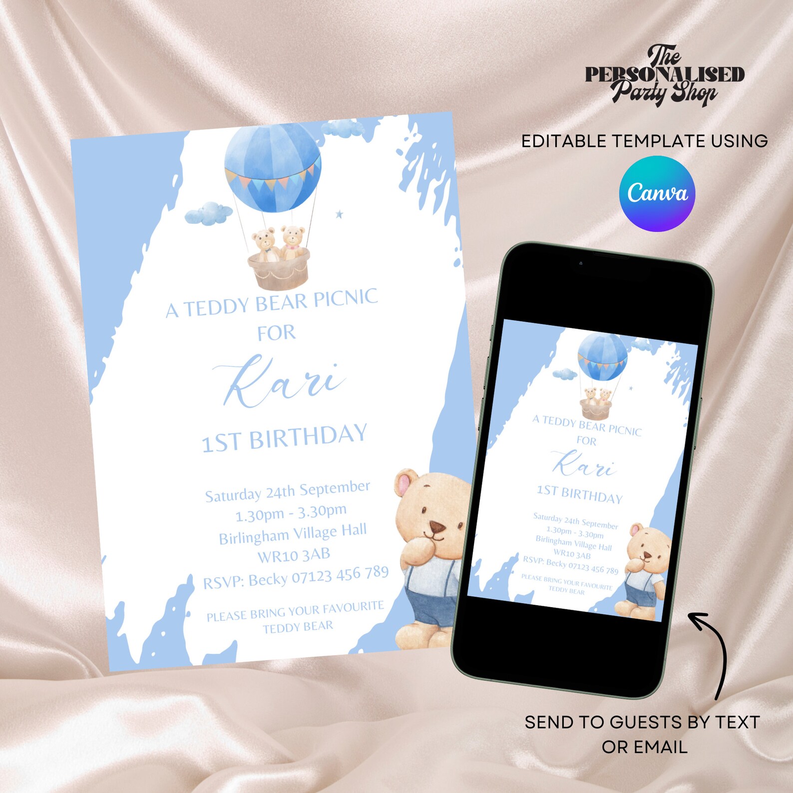 EDITABLE Blue Paint Splatter Teddy Bear Picnic Invitation Template ...
