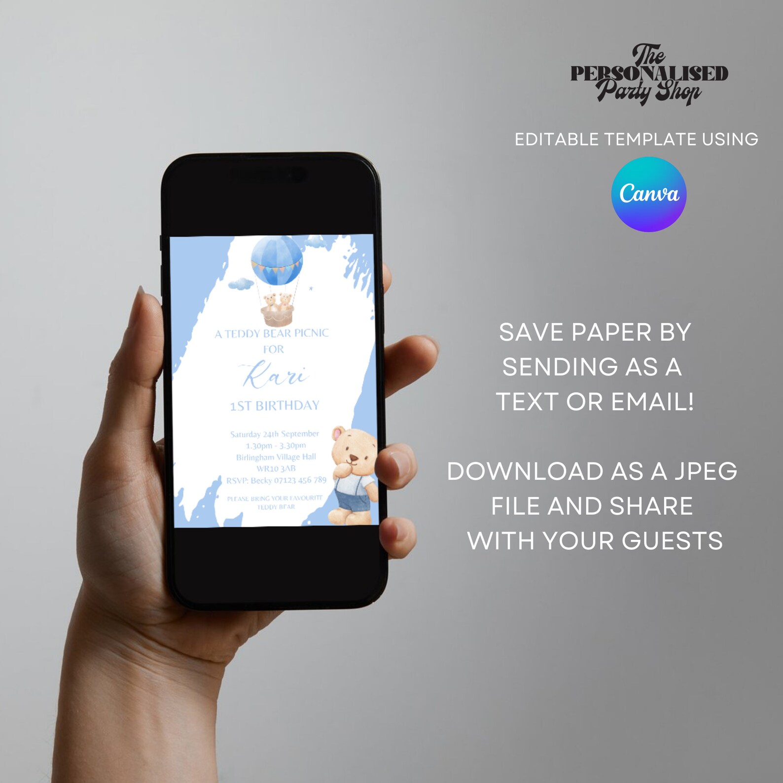 EDITABLE Blue Paint Splatter Teddy Bear Picnic Invitation Template ...