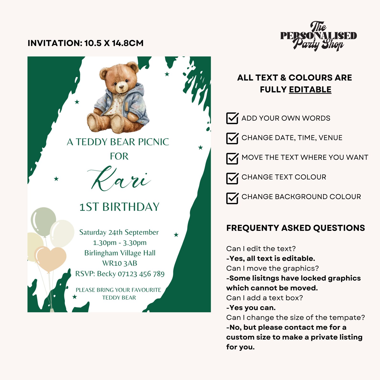 EDITABLE Dark Green Paint Splatter Teddy Bear Picnic Birthday ...