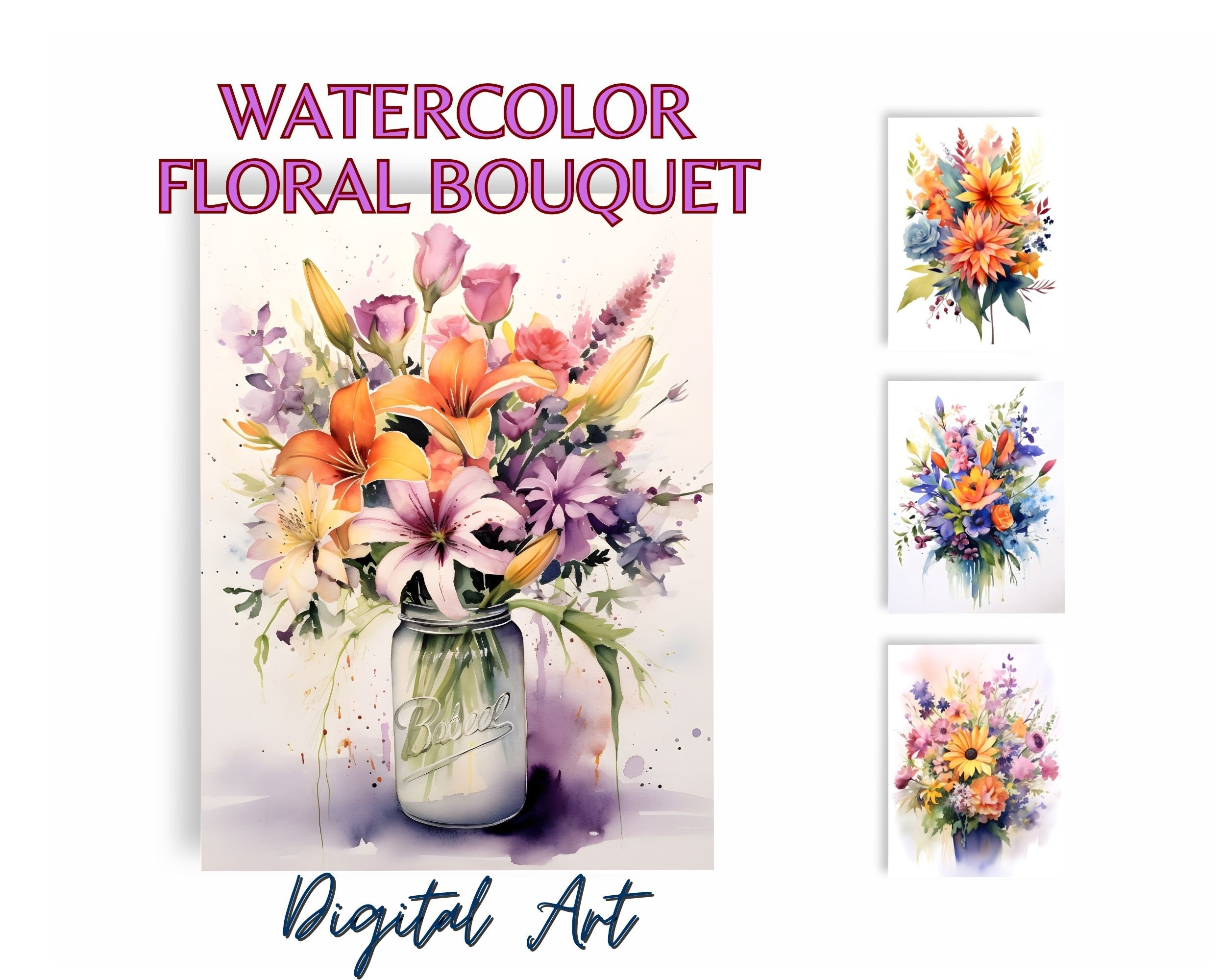 Watercolor Floral Bouquet Bundle INSTANT DOWNLOAD Digital Art Flower ...
