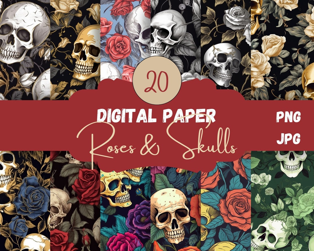 Roses and Skulls SEAMLESS DIGITAL PAPERS Set Skull Digital Patterns ...