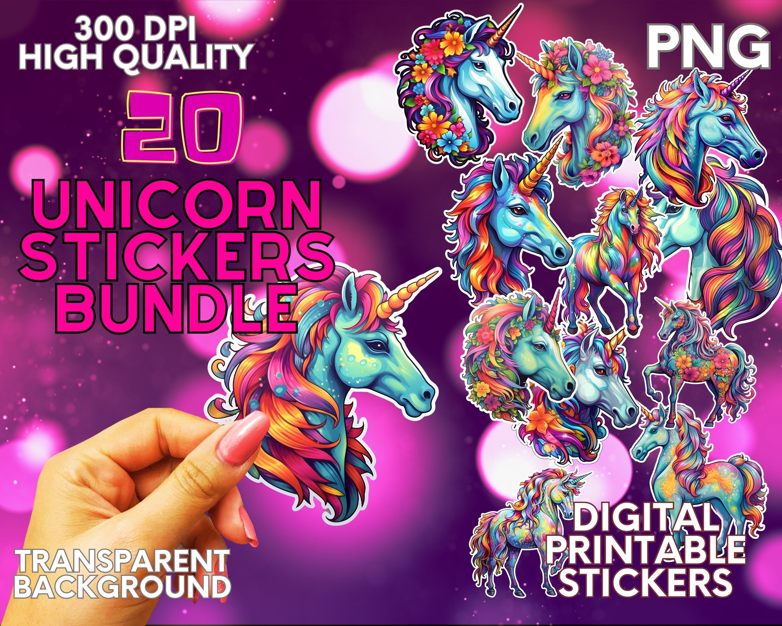 Colorful Unicorn Sticker Bundle COMMERCIAL USE Instant Download ...