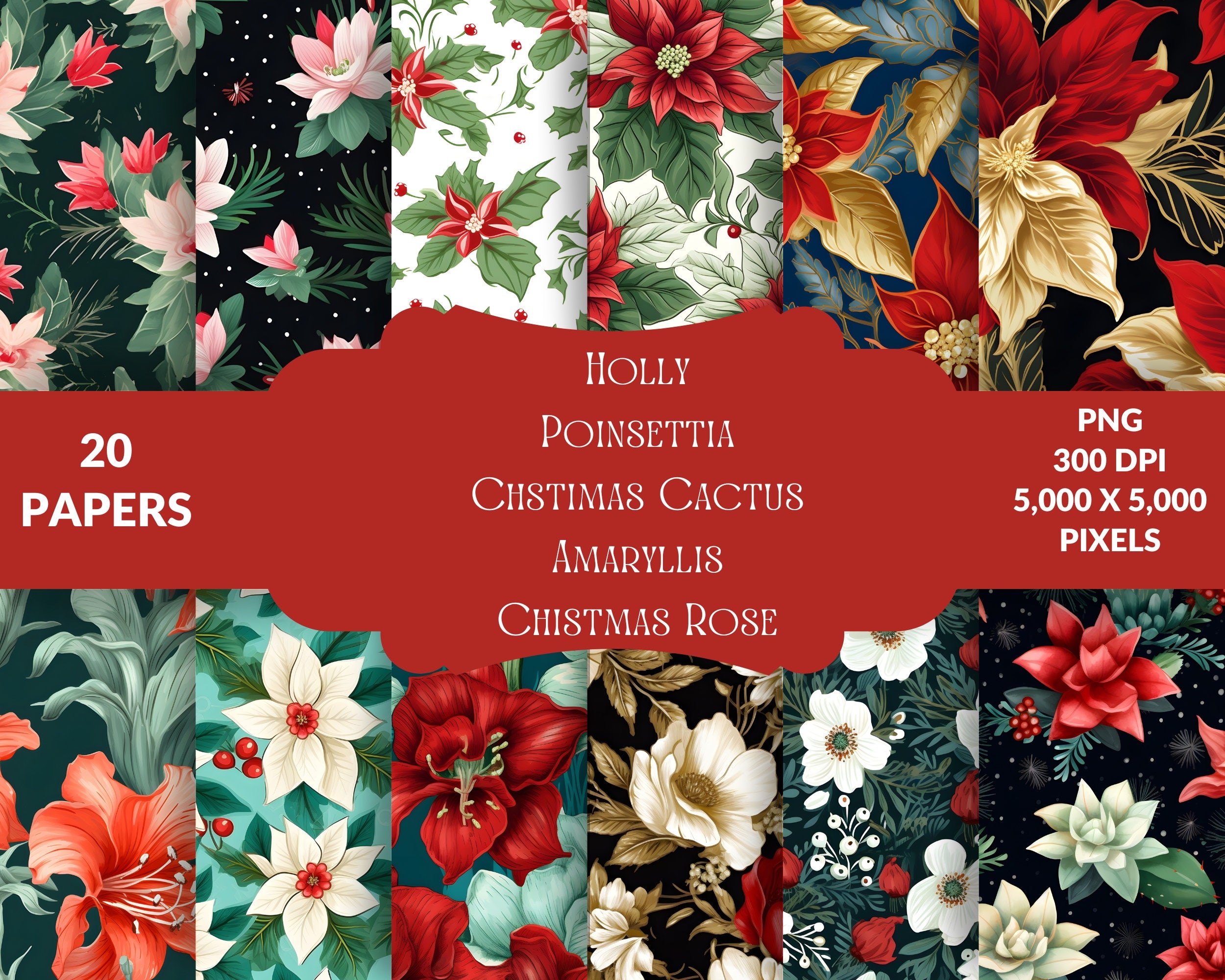 Christmas Flowers Seamless Digital Paper Patterns Floral - Etsy