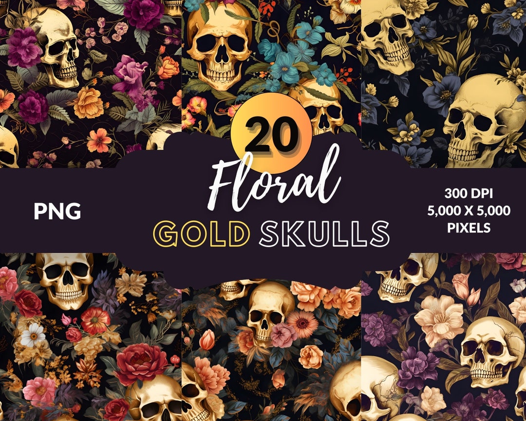 Floral Gold Skulls Digital Papers COMMERICAL USE SEAMLESS Digital ...