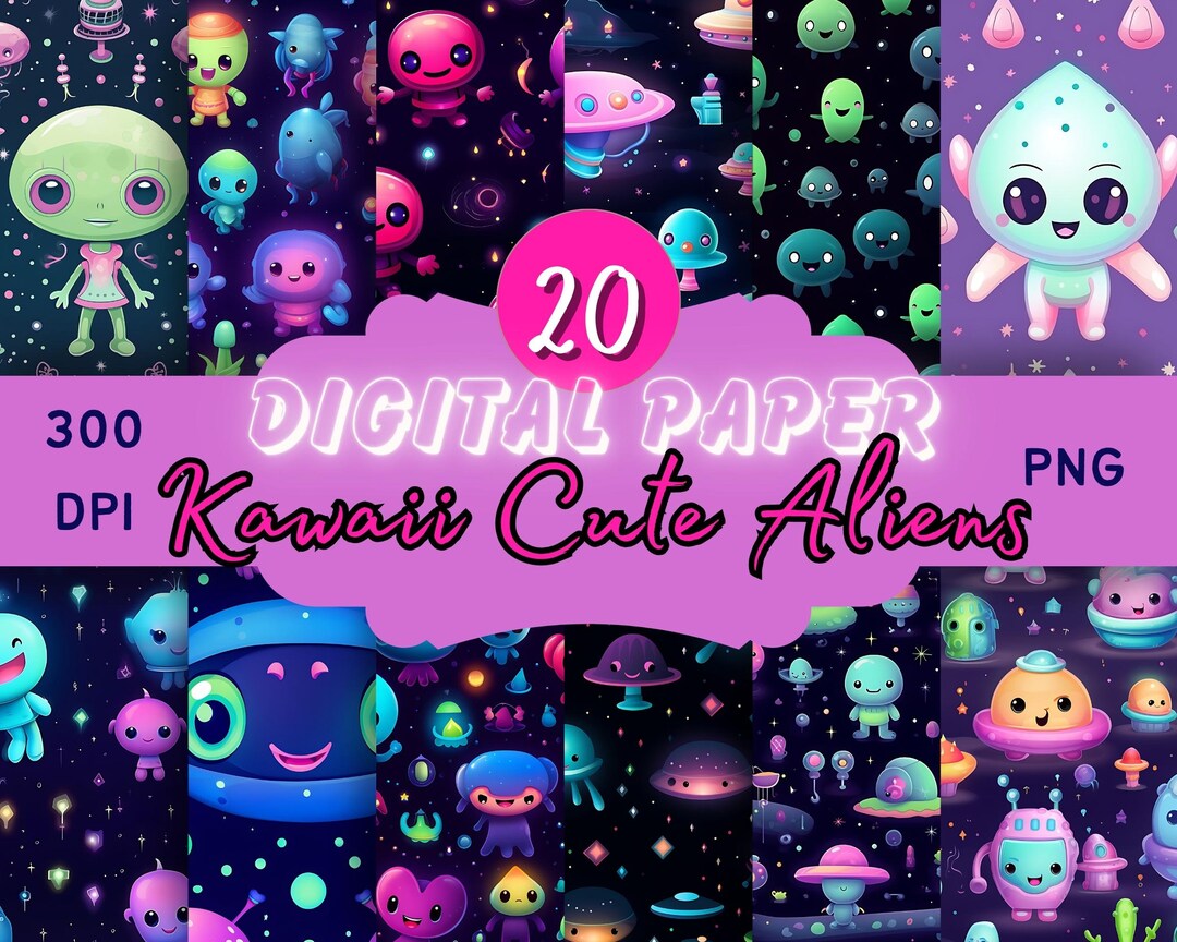 Kawaii Cute Alien Digital Paper COMMERICAL USE 20 PNG Instant Download ...