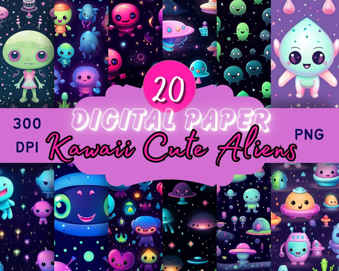 Kawaii Cute Alien Digital Paper COMMERICAL USE 20 PNG Instant Download ...