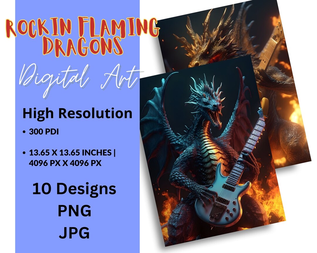 Wall Art Rockin Flaming Dragons Digital Art Bundle Dragon Wall Art Home ...