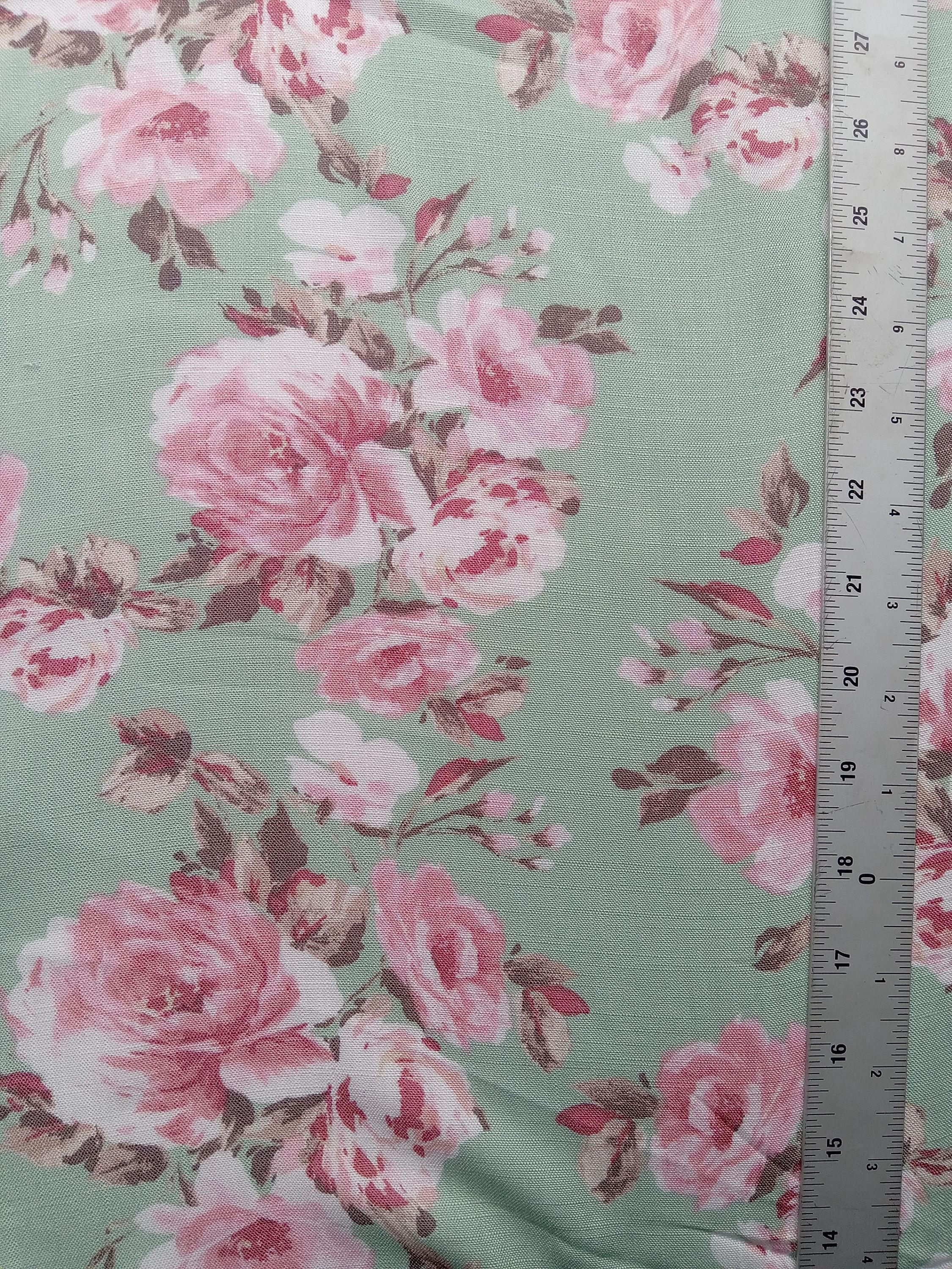 Rayon Challis- Slub Woven Fabric- Shabby Flowers on Mint Rayon Fabric ...