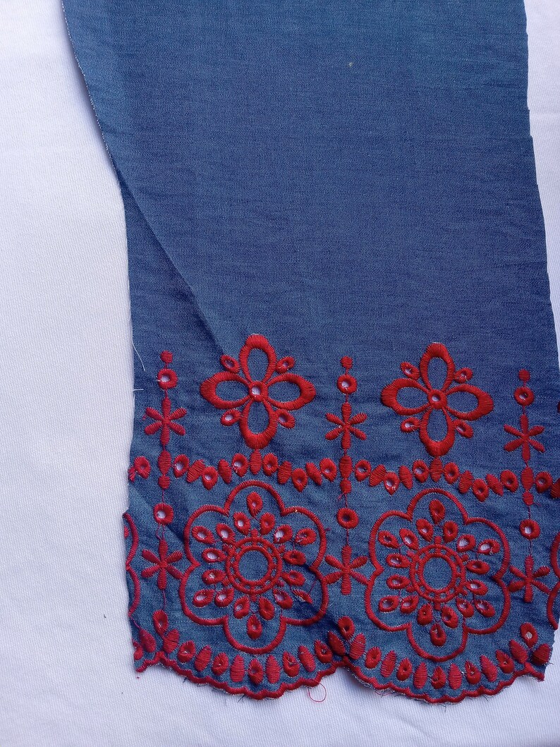 Embroidered Red Flower Border Denim Fabric 100% Cotton 58 Inches Wide ...