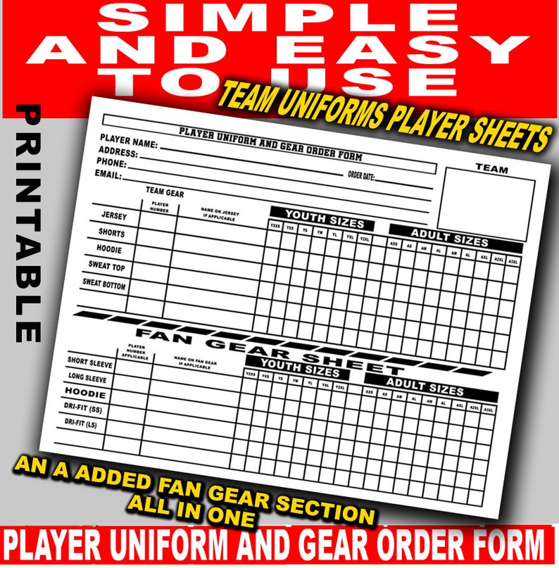 Sports Team Template, Sports Team Order Form, Player Order Form, Sports ...