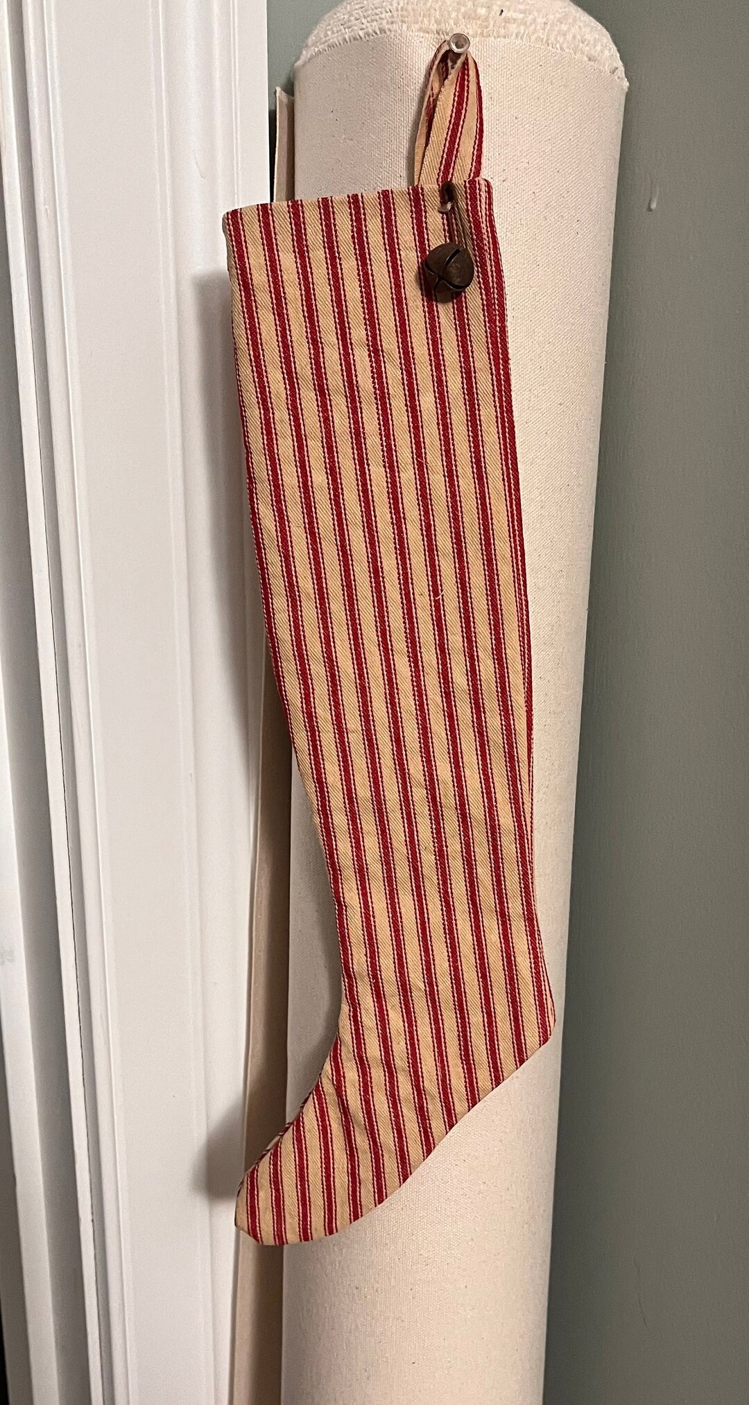 15” Red Ticking Stocking With Rusty Bell - Etsy