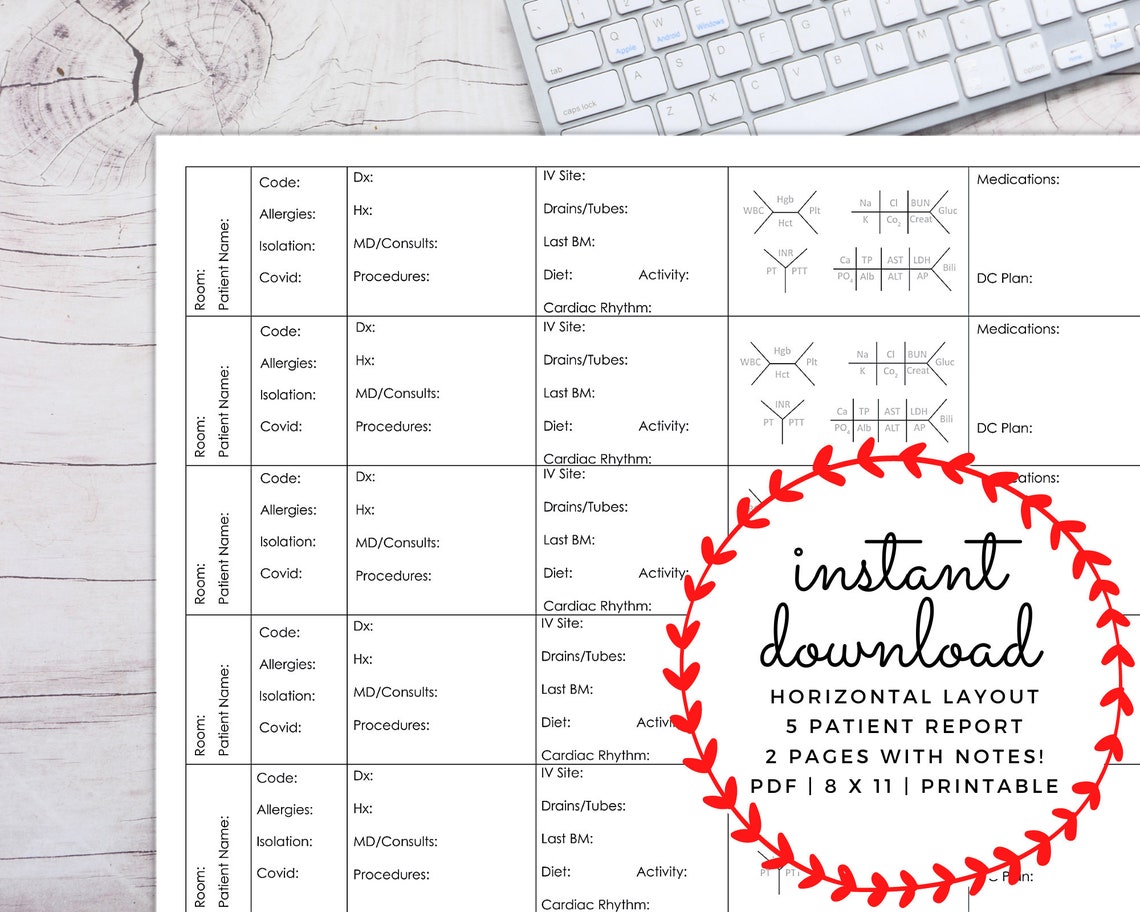 Med/surg 5 Patient Horizontal Nurse Report Sheet, Nurse Brain, Day ...