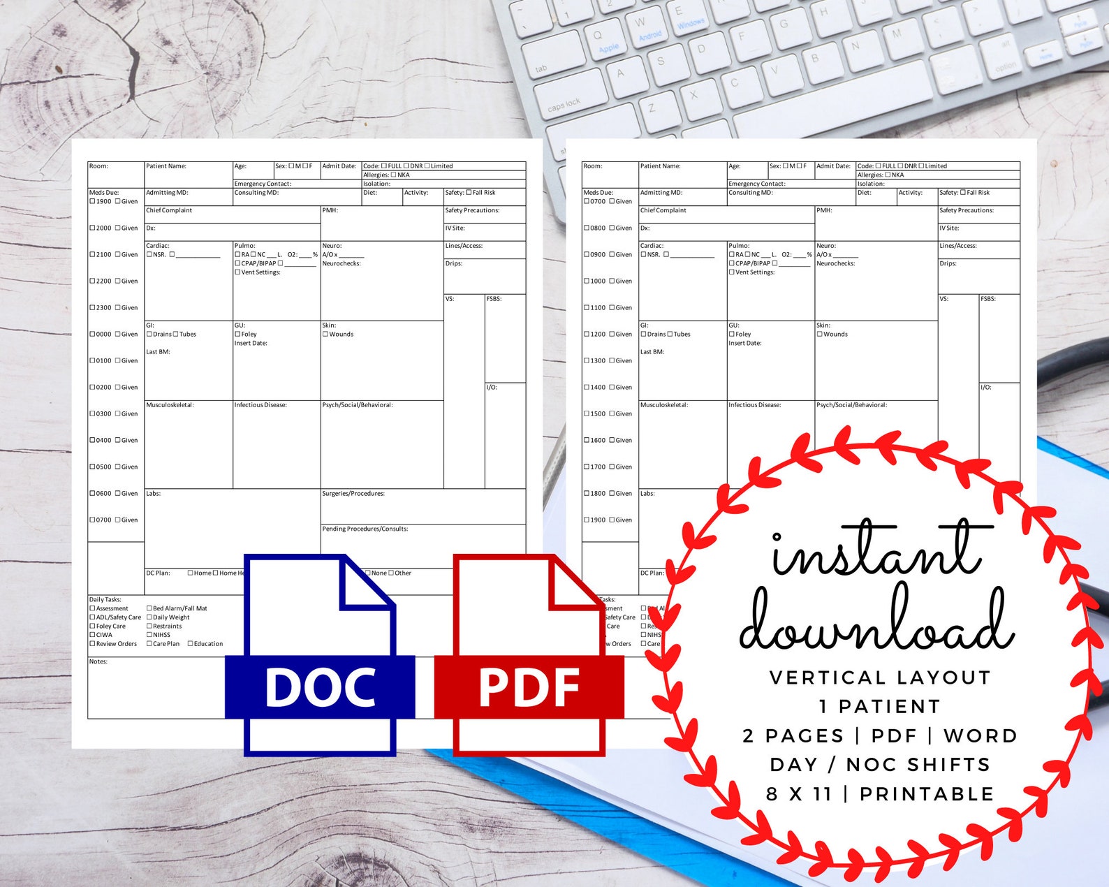 1 Patient Nurse Report Sheet, ER Report Sheet, Nurse Brain, Day Night ...