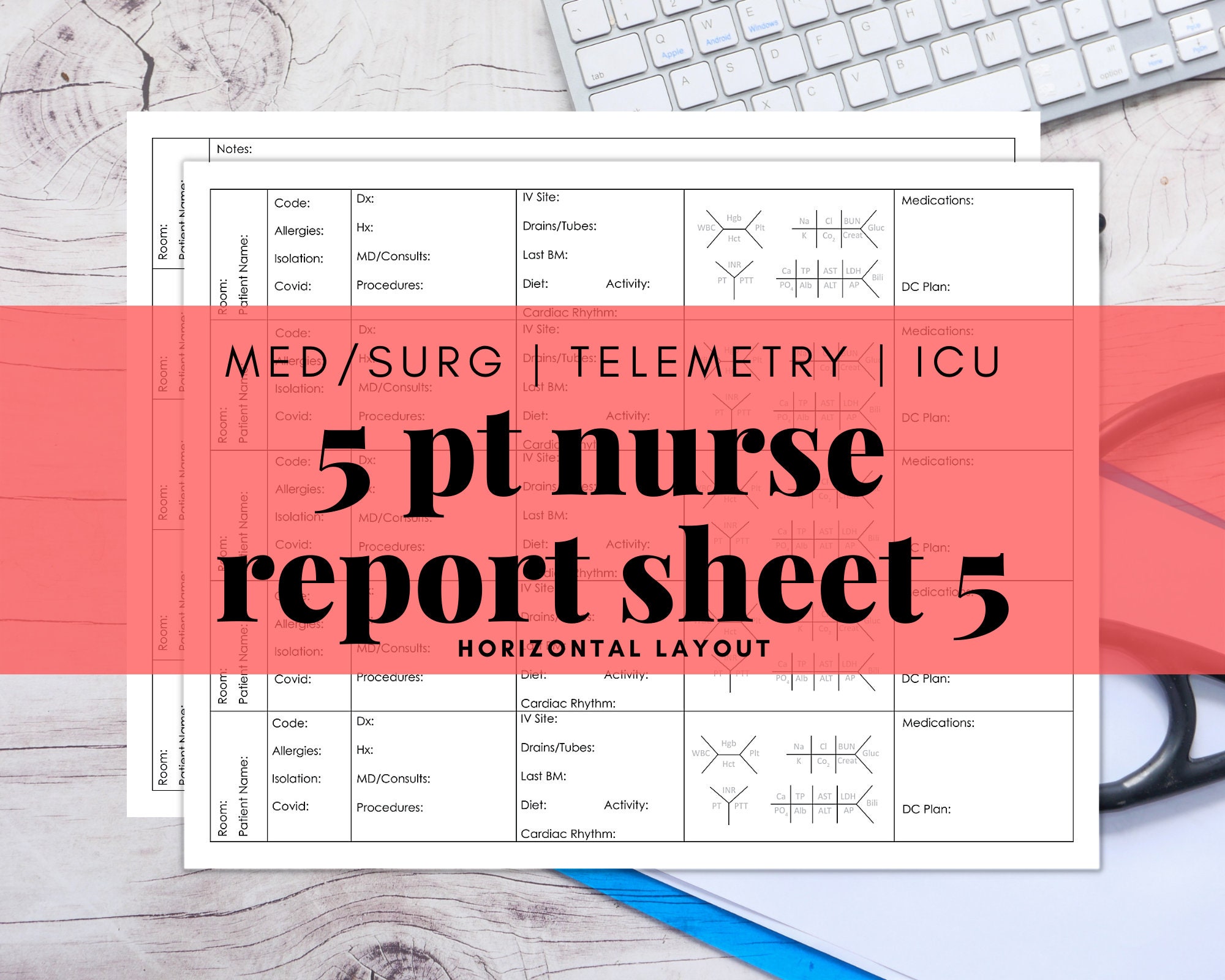 Med/surg 5 Patient Horizontal Nurse Report Sheet, Nurse Brain, Day ...
