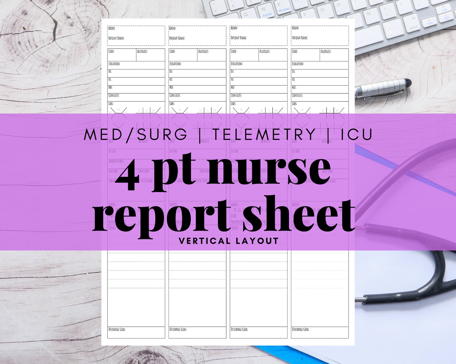 4 Patient Vertical Nurse Report Sheet, Nurse Brain, Day Night NOC Shift ...