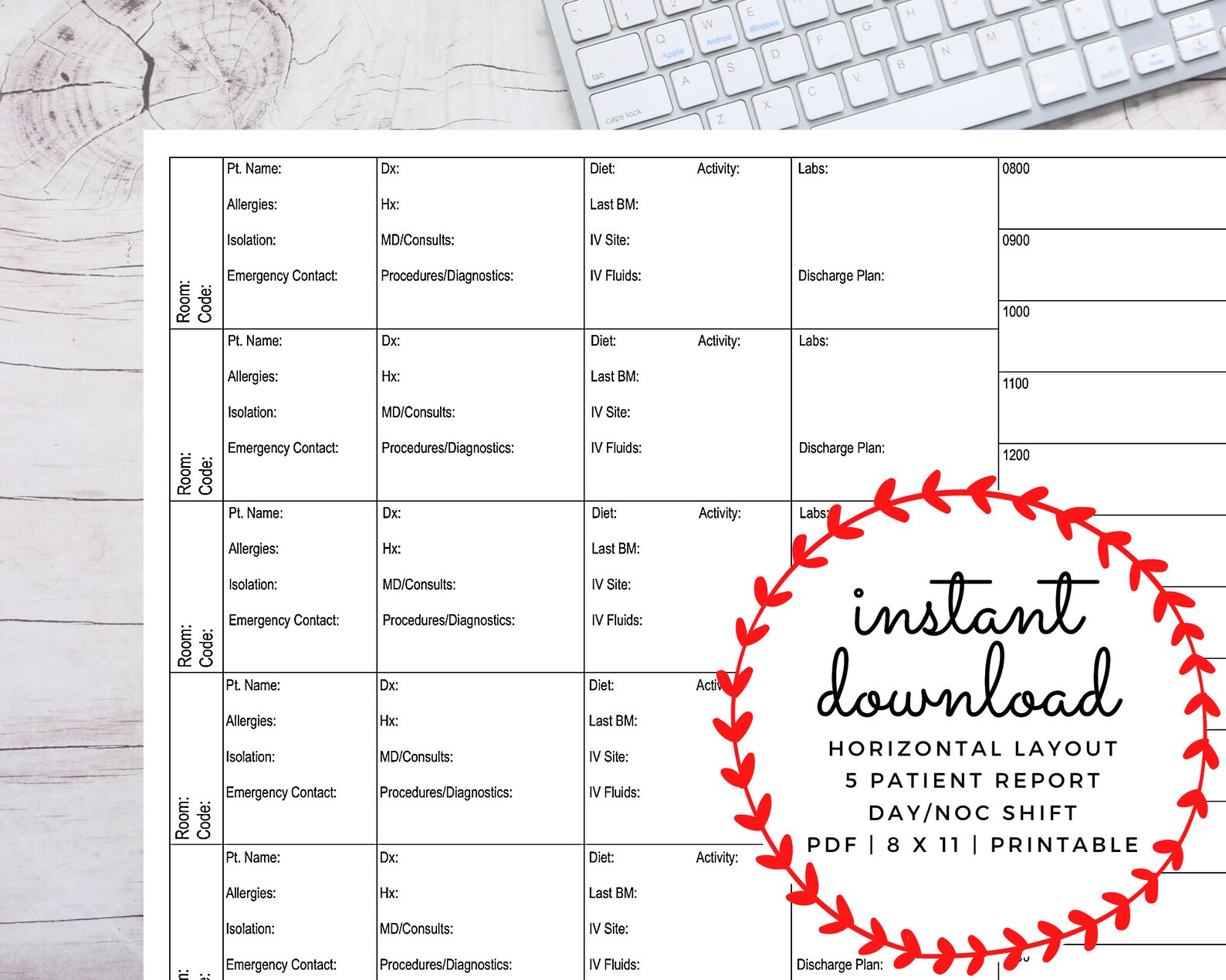 Med/surg 5 Patient Horizontal Nurse Report Sheet, Nurse Brain, Day ...