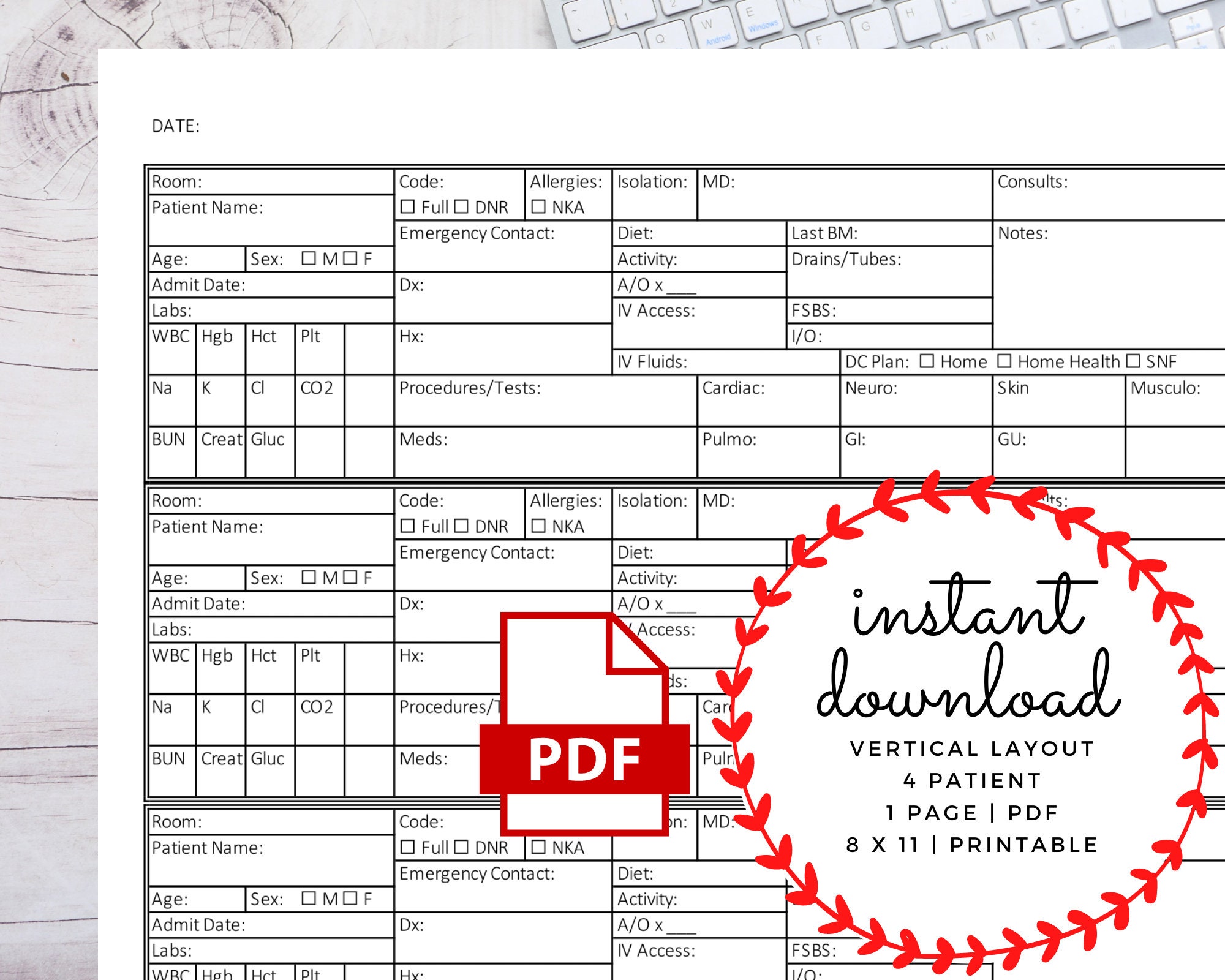 Med/surg 4 Patient Nurse Report Sheet, Nurse Brain, Editable Nurse ...