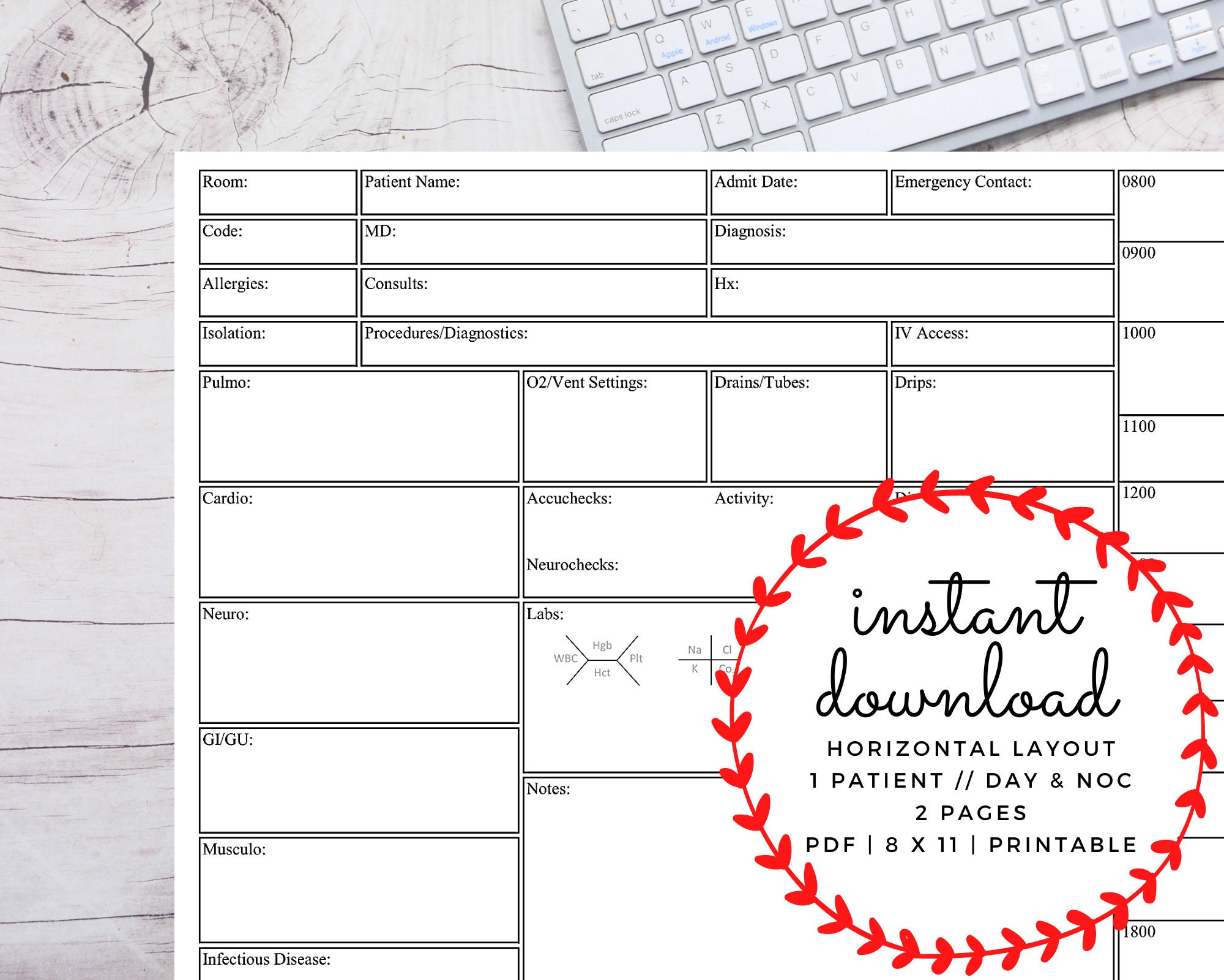 ICU Horizontal Nurse Report Sheet, 1 Patient, Nurse Brain, Handoff, Day ...