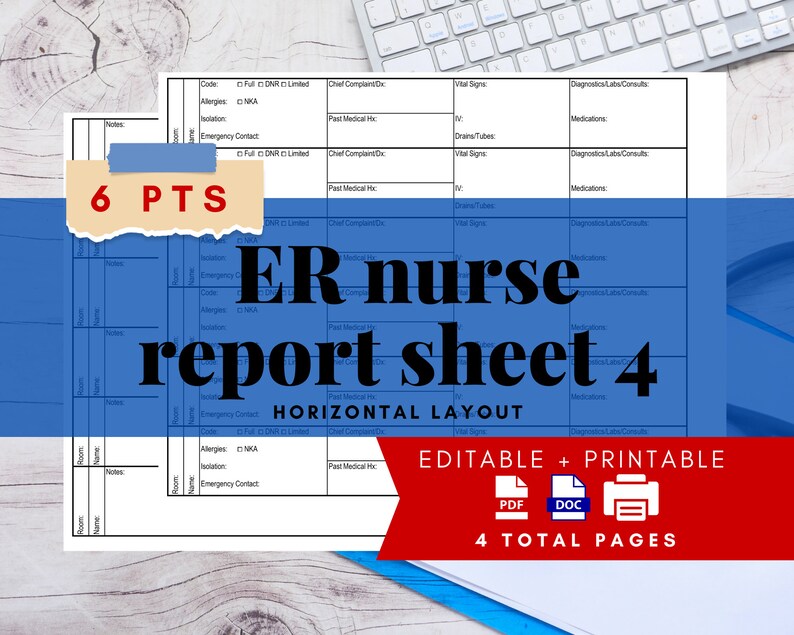 Emergency Room Nurse Report Sheet, 6 Pt, Nurse Brain, Day Night NOC ...