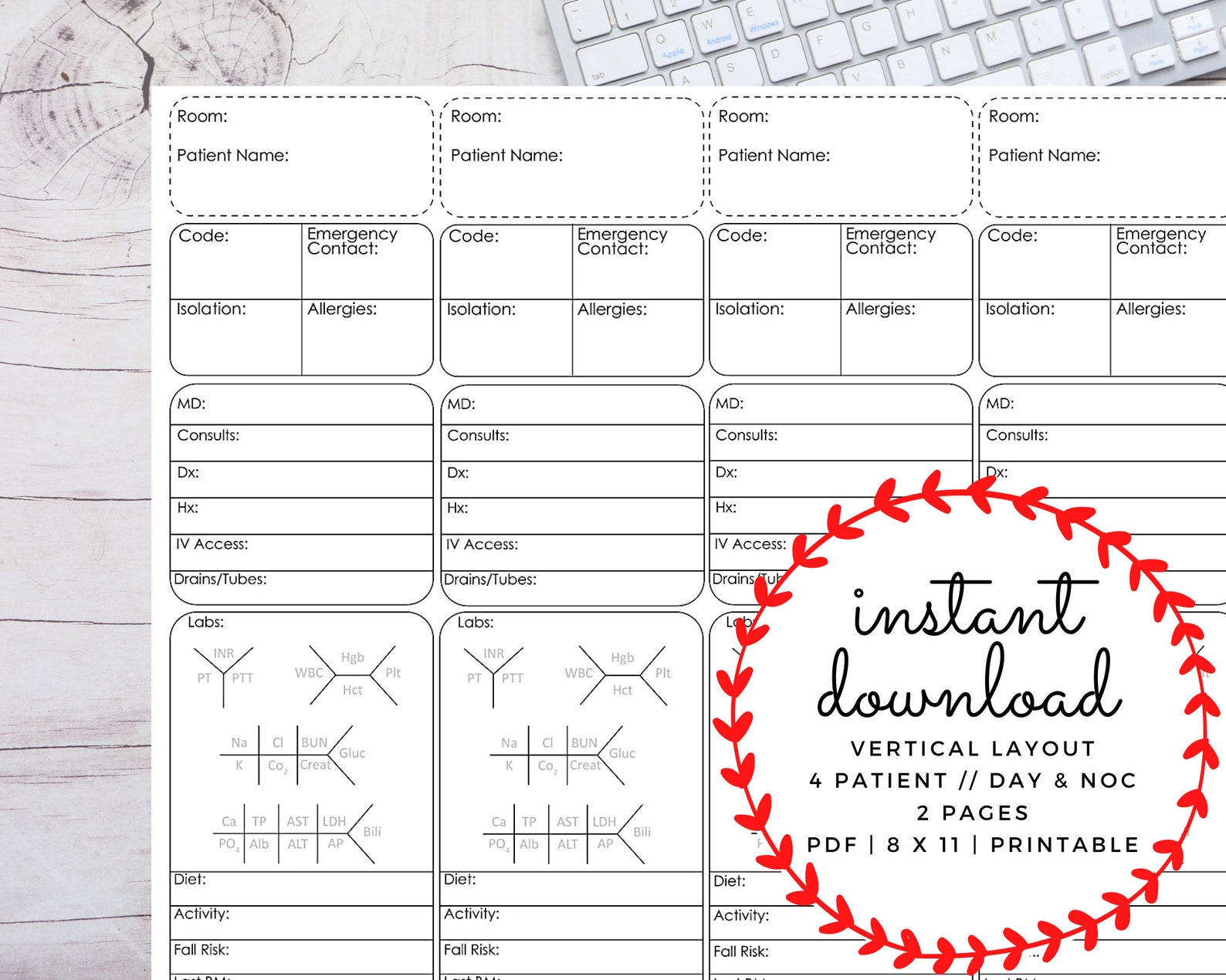 4 Patient Vertical Nurse Report Sheet, Nurse Brain, Day Night NOC Shift ...