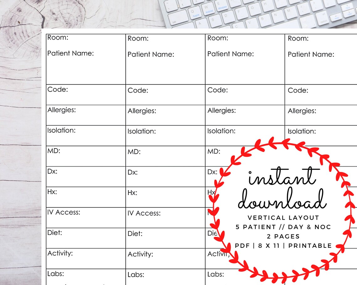 Med/surg 5 Patient Nurse Report Sheet, Nurse Brain, Day Night NOC Shift ...