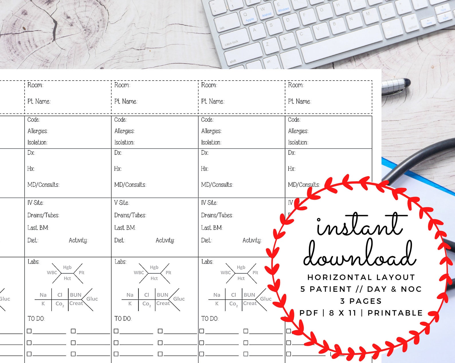 Med/surg 5 Patient Horizontal Nurse Report Sheet, Nurse Brain, Day ...