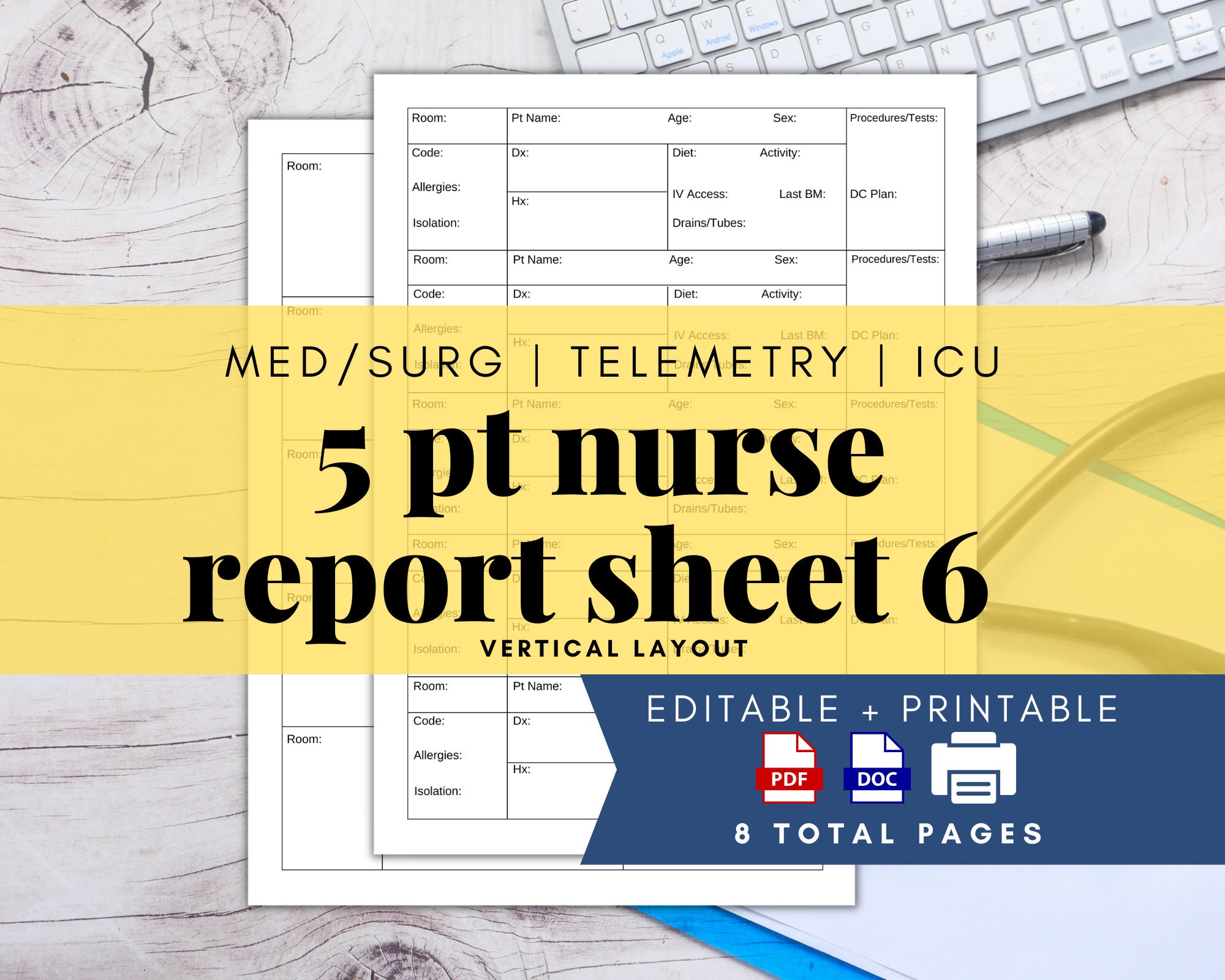 Med/surg 5 Patient Nurse Report Sheet, Nurse Brain, Day Night NOC Shift ...