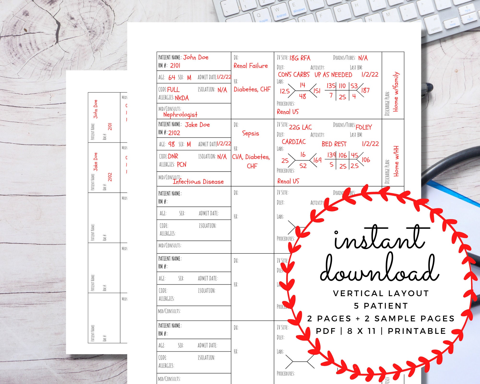 Med/surg 5 Patient Nurse Report Sheet, Nurse Brain, Day Night NOC Shift ...