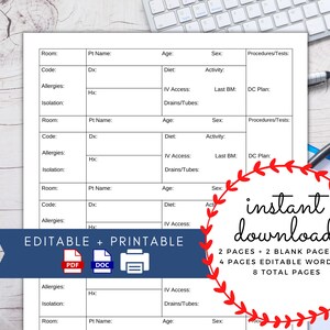 Med/surg 5 Patient Nurse Report Sheet, Nurse Brain, Day Night NOC Shift ...