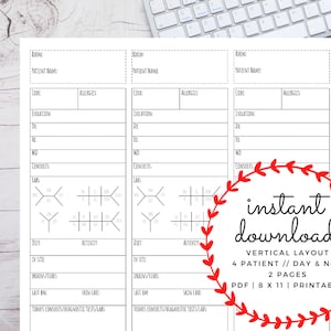 4 Patient Vertical Nurse Report Sheet, Nurse Brain, Day Night NOC Shift ...
