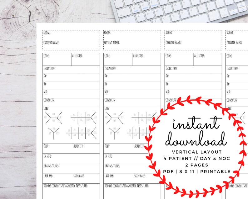 4 Patient Vertical Nurse Report Sheet, Nurse Brain, Day Night NOC Shift ...