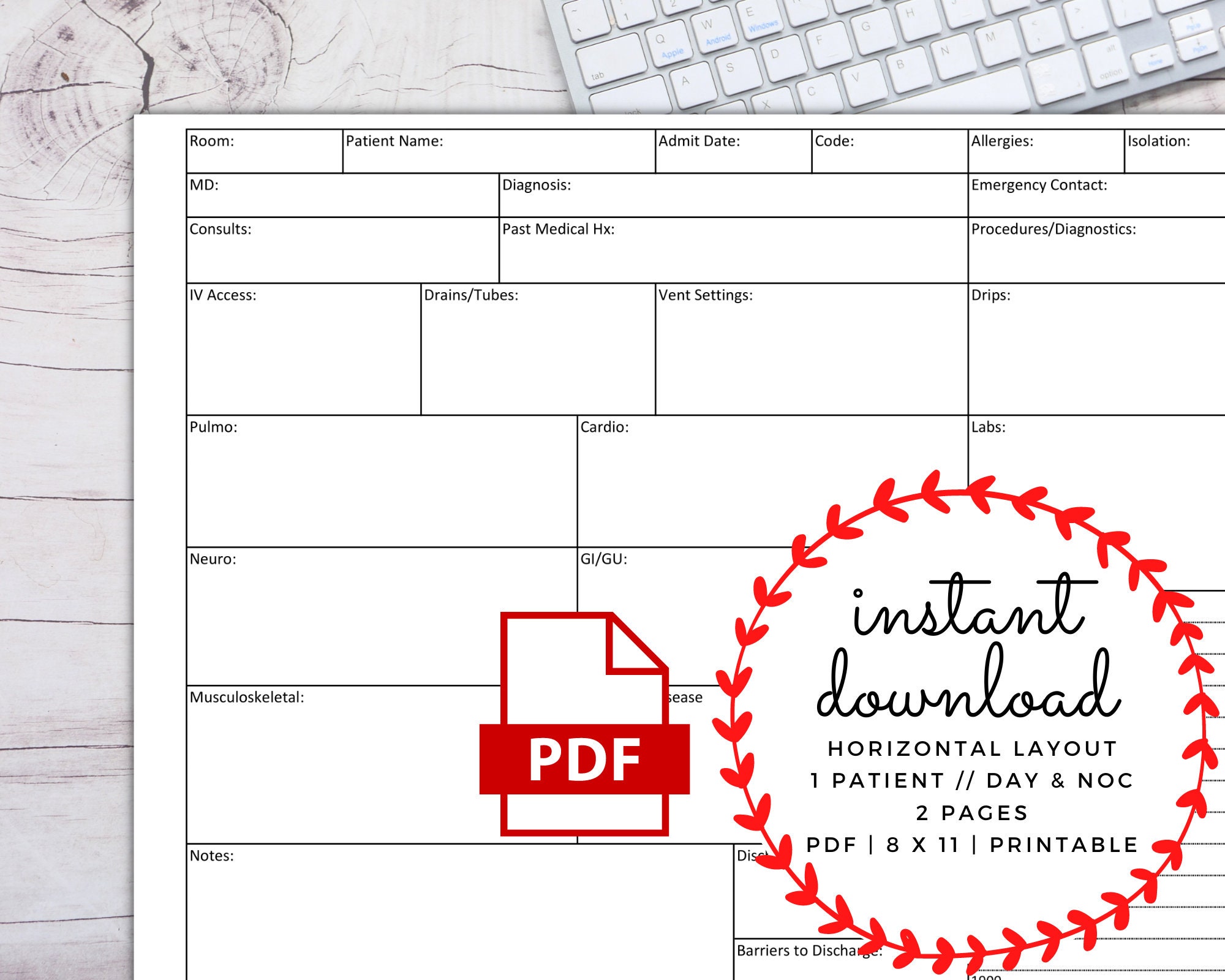ICU Horizontal Nurse Report Sheet, 1 Patient, Nurse Brain, Handoff ...