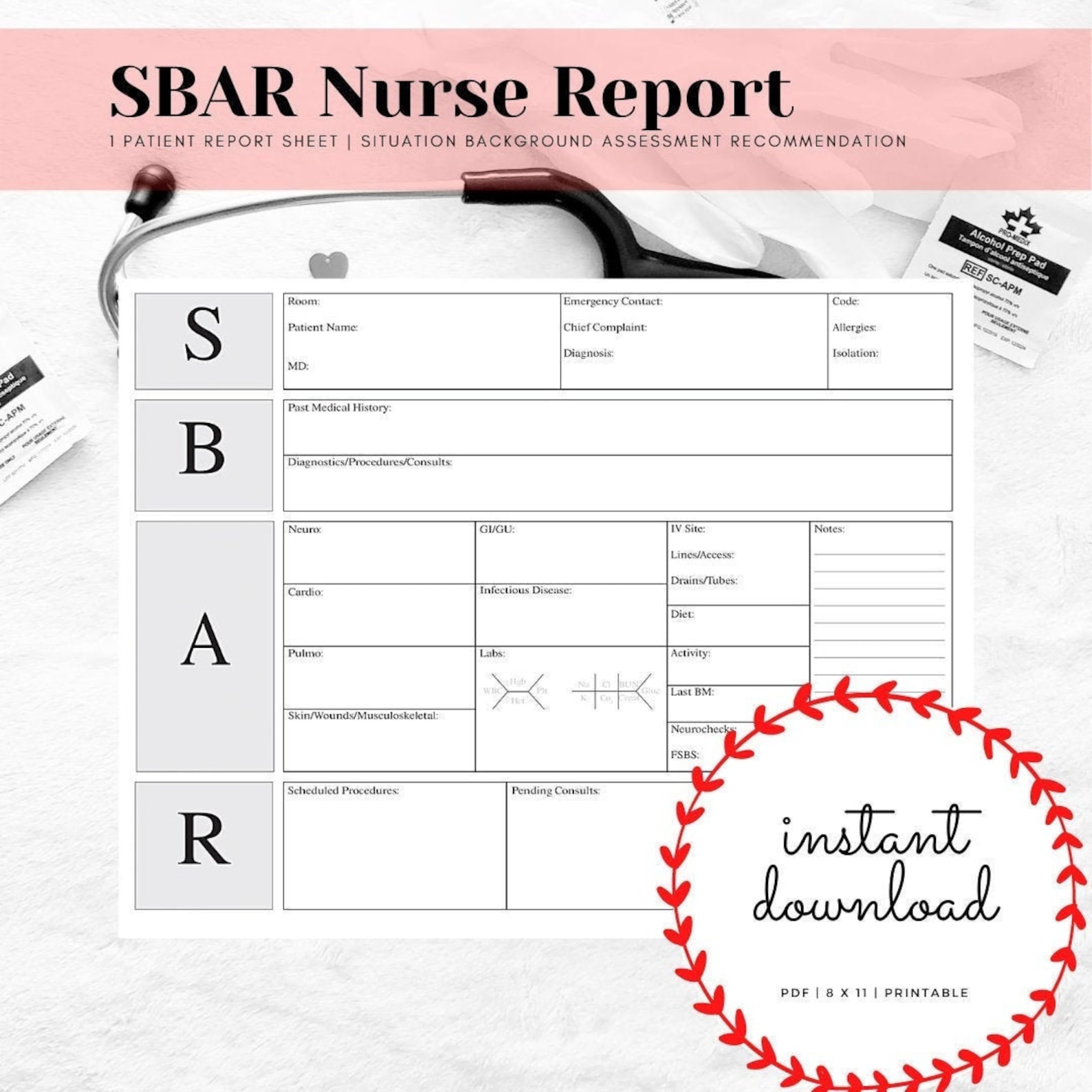 SBAR Horizontal Nurse Report Handoff Report Nurse Brain | Etsy
