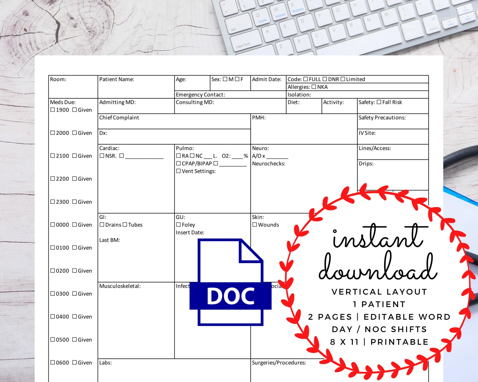 1 Patient Nurse Report Sheet, ER Report Sheet, Nurse Brain, Day Night ...