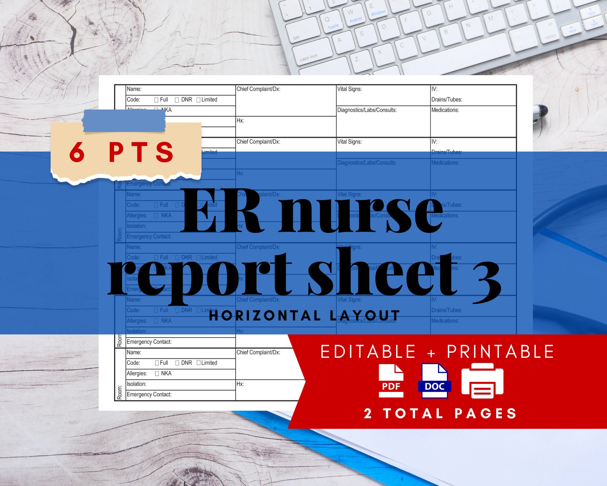 Emergency Room Nurse Report Sheet, 6 Pt, Nurse Brain, Day Night NOC ...