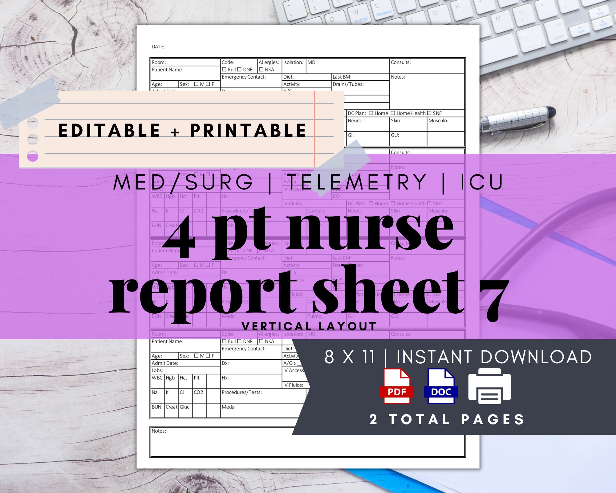 Med/surg 4 Patient Nurse Report Sheet, Nurse Brain, Editable Nurse ...