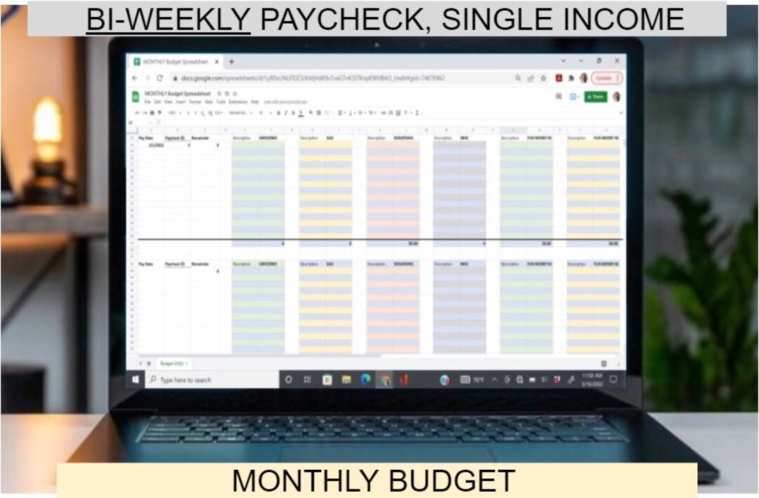 MONTHLY Budget Spreadsheet - Bi-weekly Paychecks for SINGLE Income - Etsy