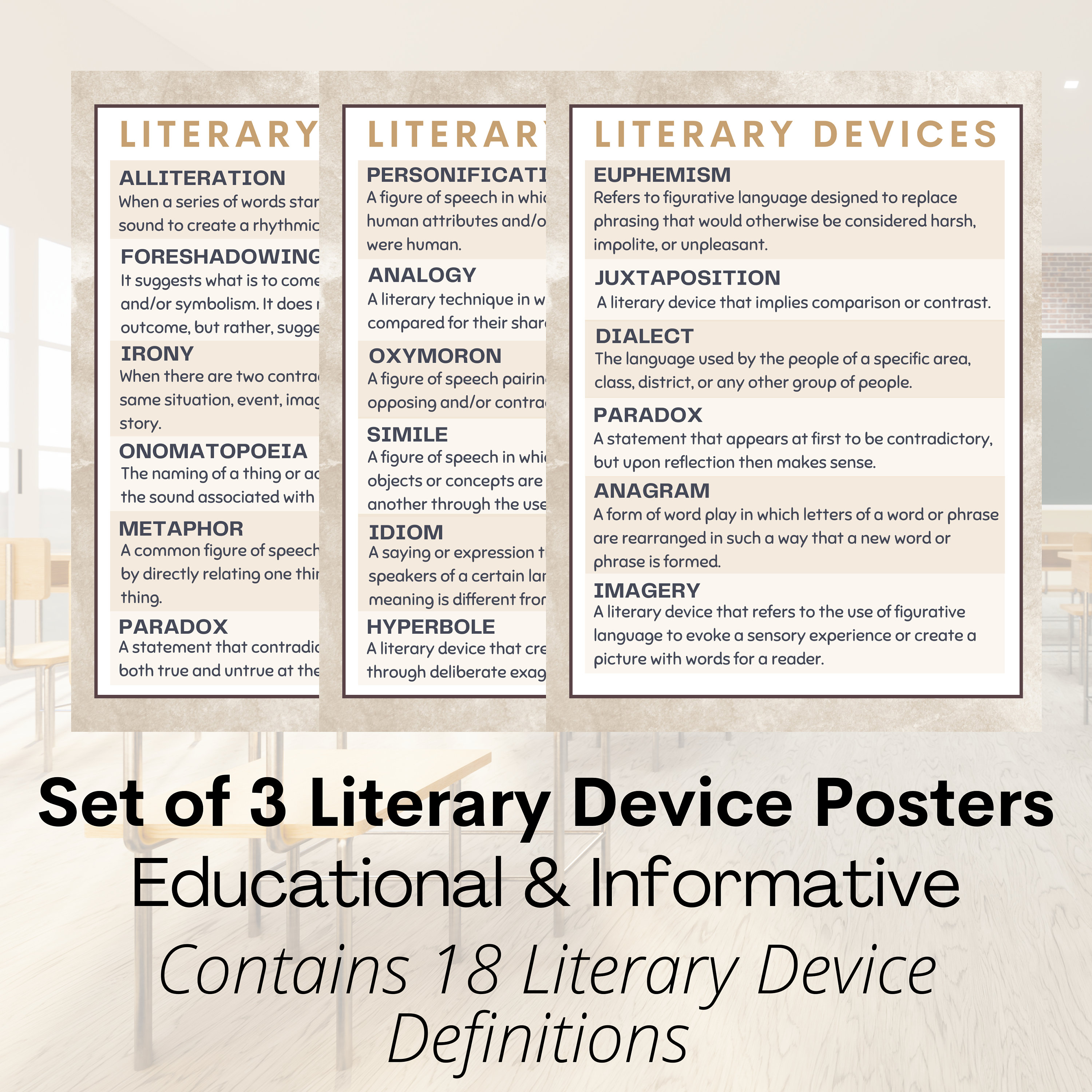 Set of 3 Educational Literary Device Posters, Language Arts, English ...