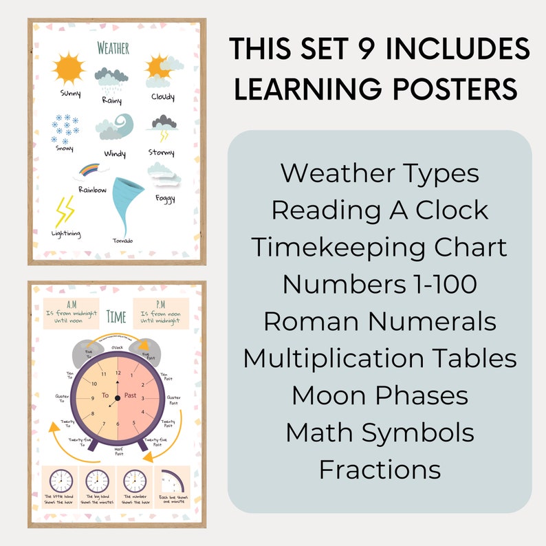 Set of 9 Educational Printables, Fractions, Moon Phases, Telling Time ...