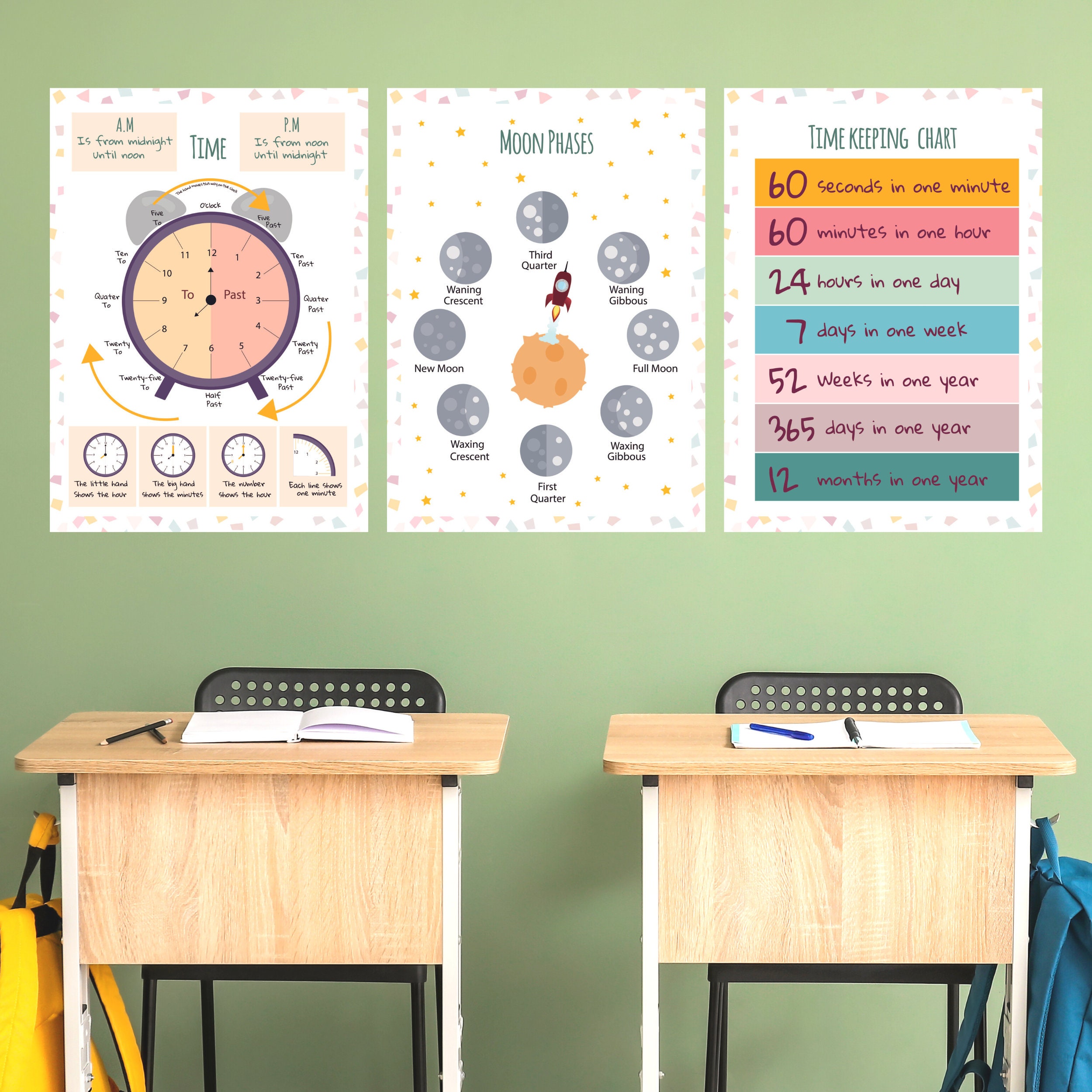 Set of 9 Educational Printables, Fractions, Moon Phases, Telling Time ...