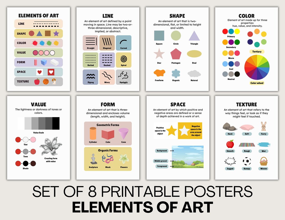 Set of 8 Educational Elements of Art Posters, K-12 Art, Art Class Posters, Art Learning Poster ...