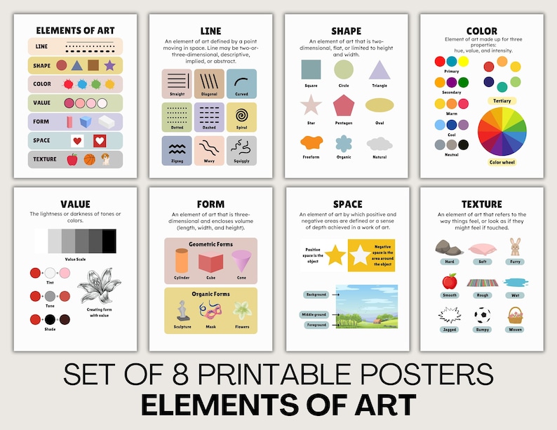 Set of 8 Educational Elements of Art Posters, K-12 Art, Art Class ...