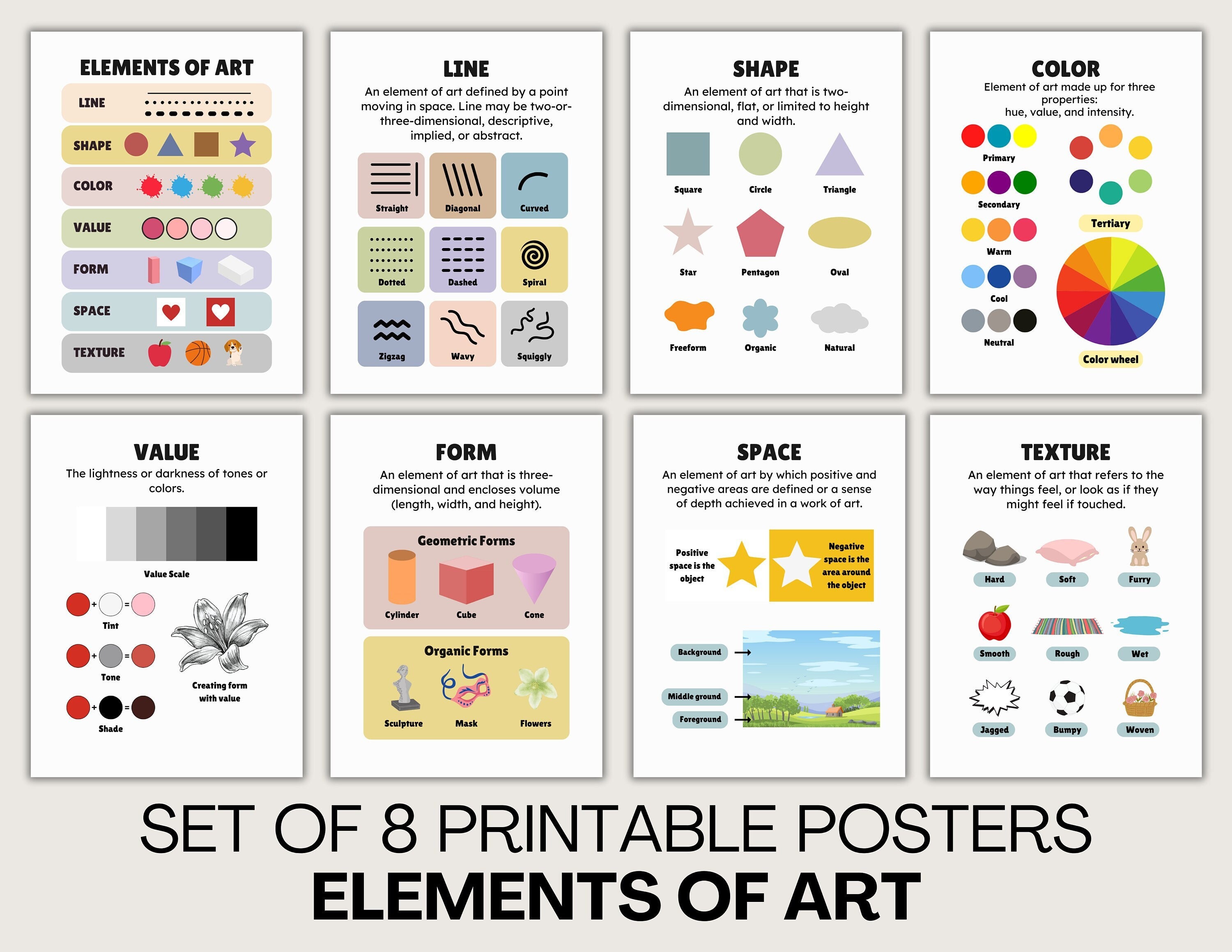 Set of 8 Educational Elements of Art Posters, K-12 Art, Art Class ...