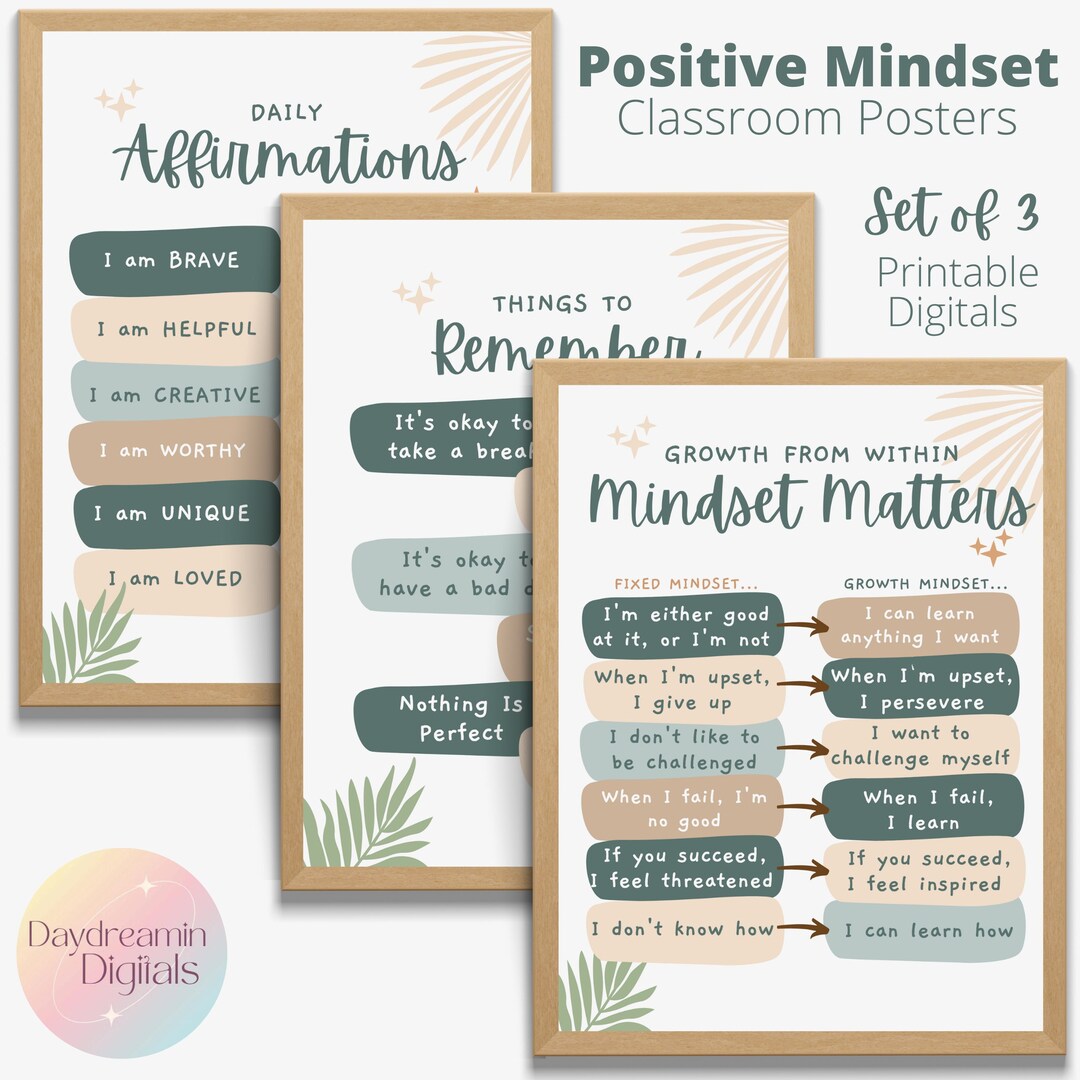 Set of 3 Positive Mindset School Posters, Positive Affirmations Poster ...