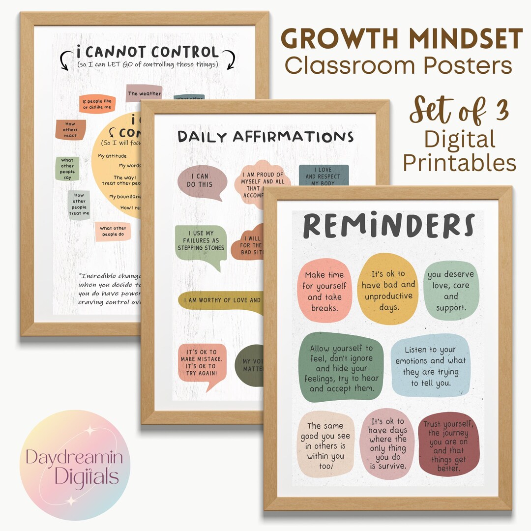 Set of 3 Growth Mindset School Posters, Positive Affirmations Poster ...
