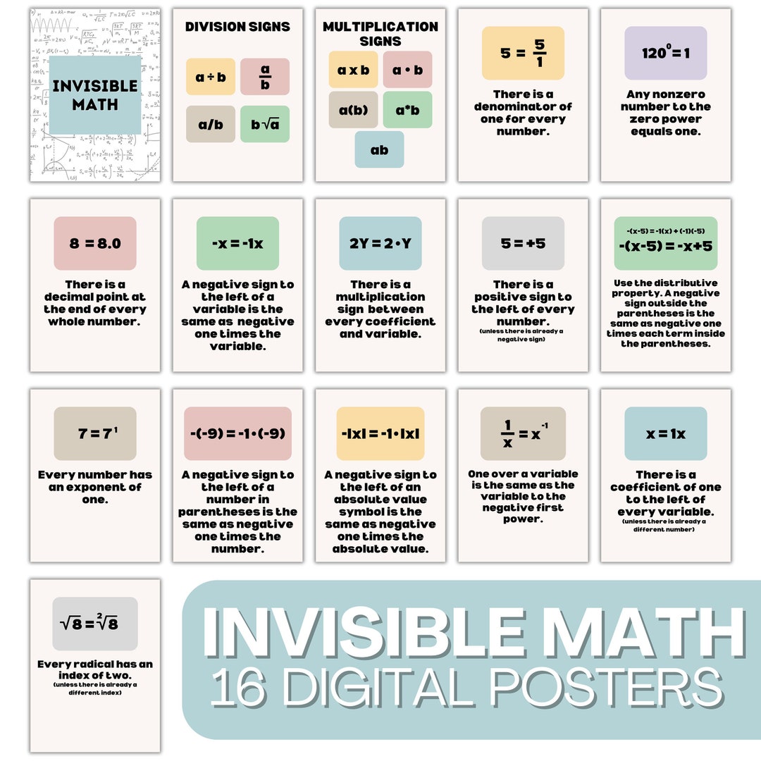 Set of 16 Educational Invisible Math Posters, Algebra Poster, Middle ...